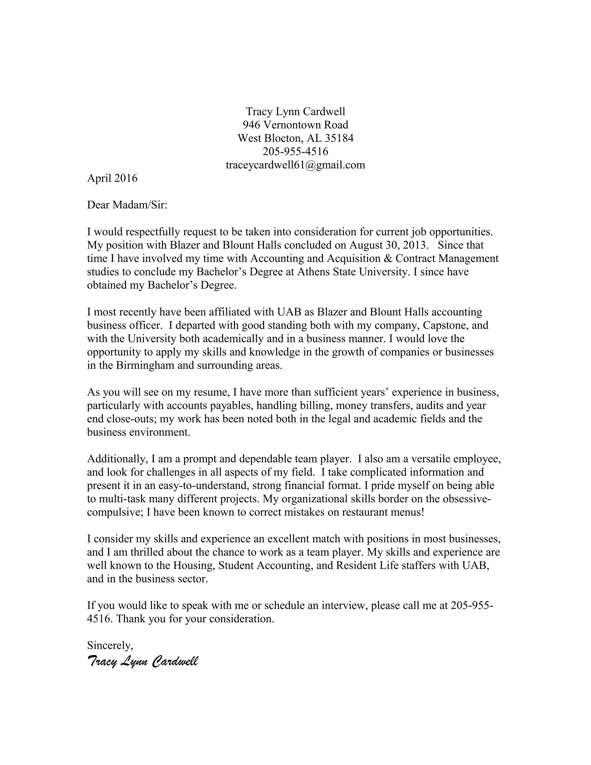 Cardwell Cover Letter Job Seeking | DOC