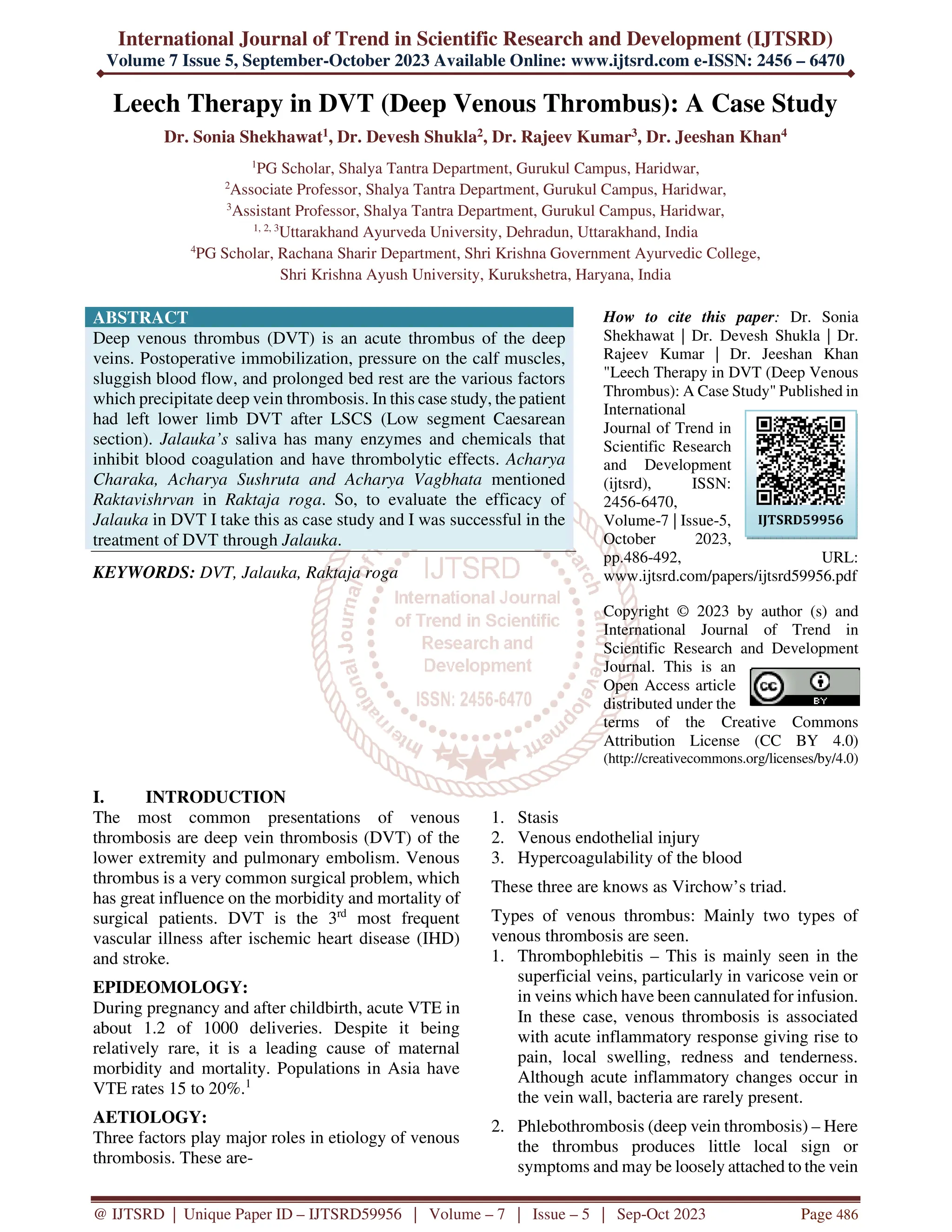 Leech Therapy in DVT Deep Venous Thrombus A Case Study | PDF