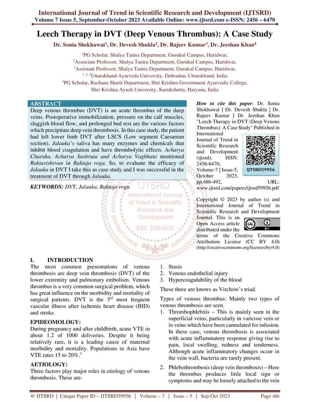 Leech Therapy in DVT Deep Venous Thrombus A Case Study | PDF