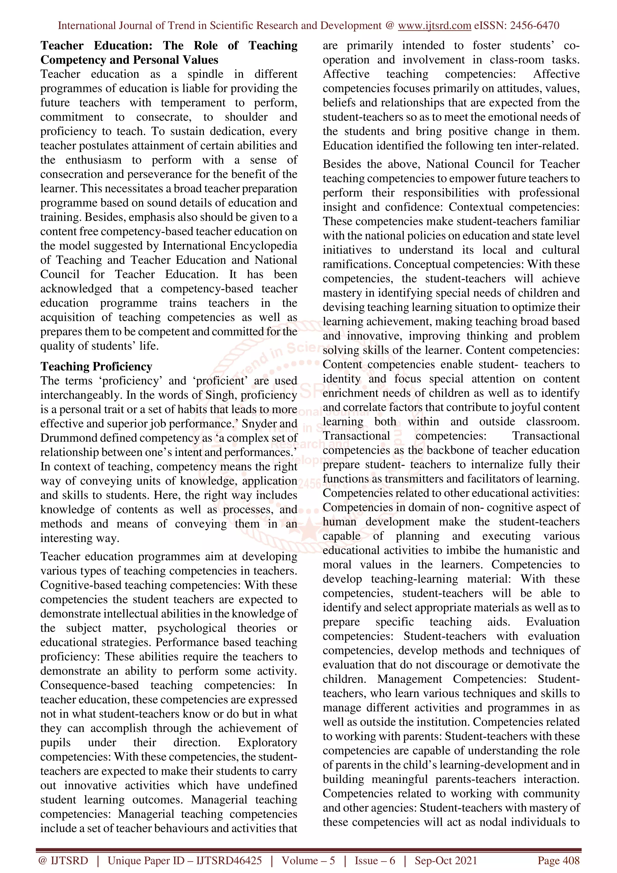 Teaching Proficiency and Personal Values Prospect and Provinces of ...