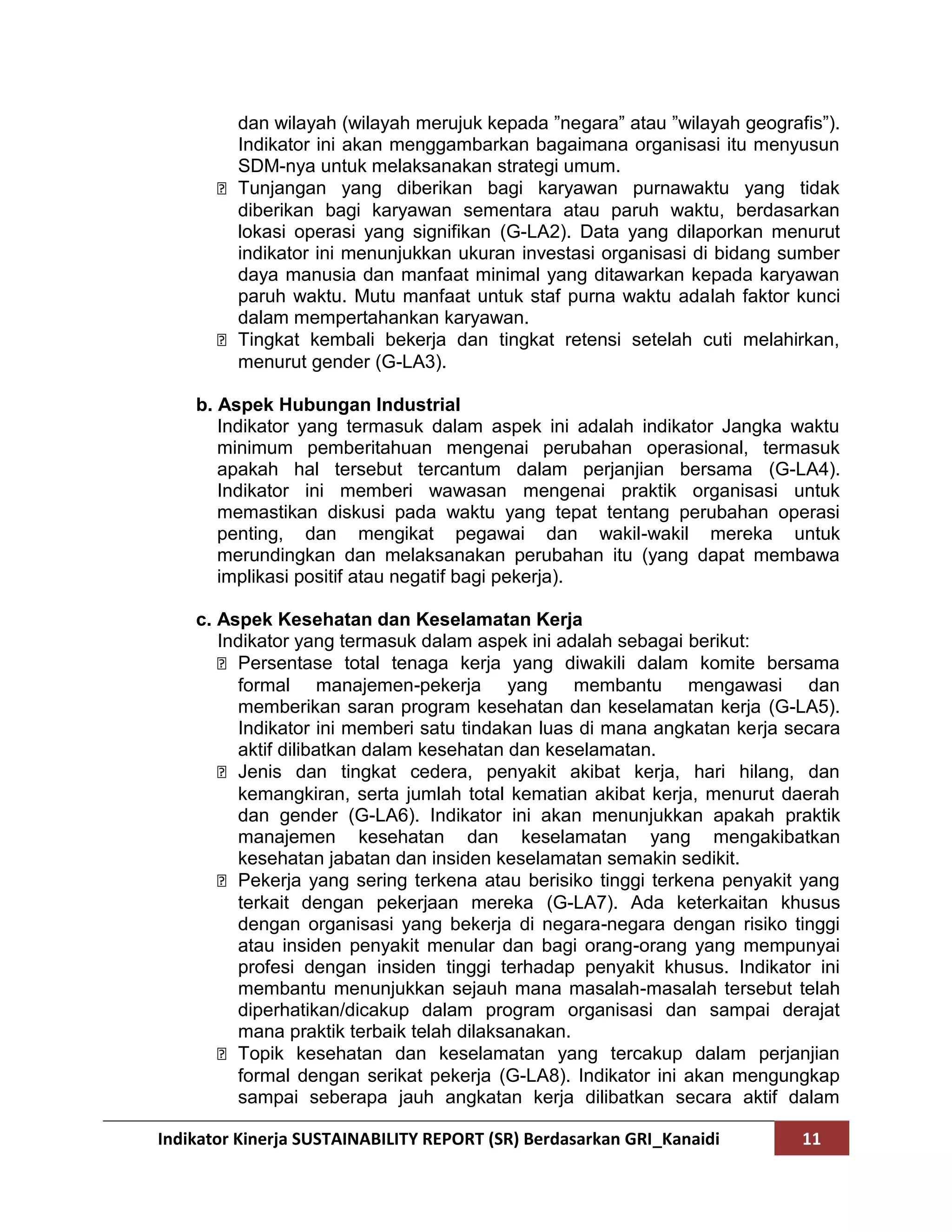 Indikator Kinerja SUSTAINABILITY REPORT (Berdasarkan Standar GRI ...