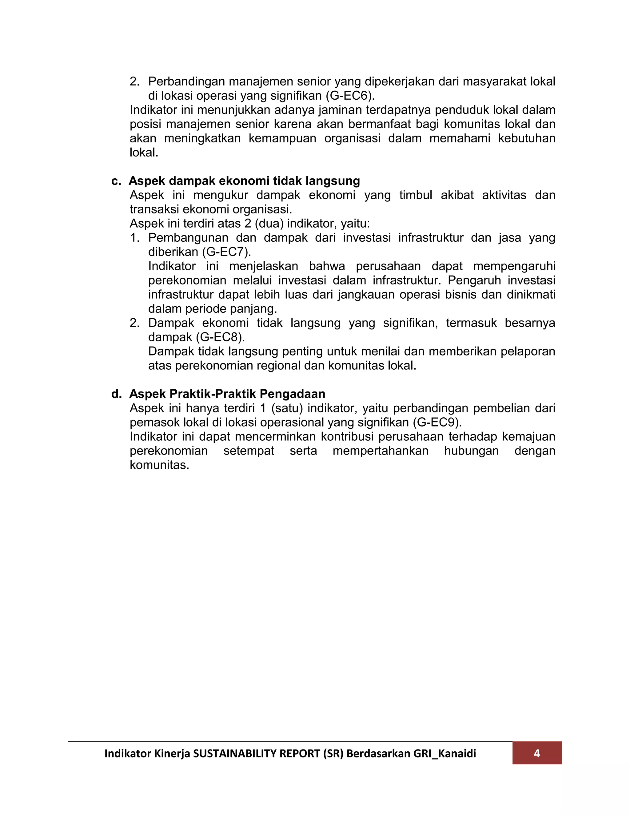 Indikator Kinerja SUSTAINABILITY REPORT (Berdasarkan Standar GRI ...