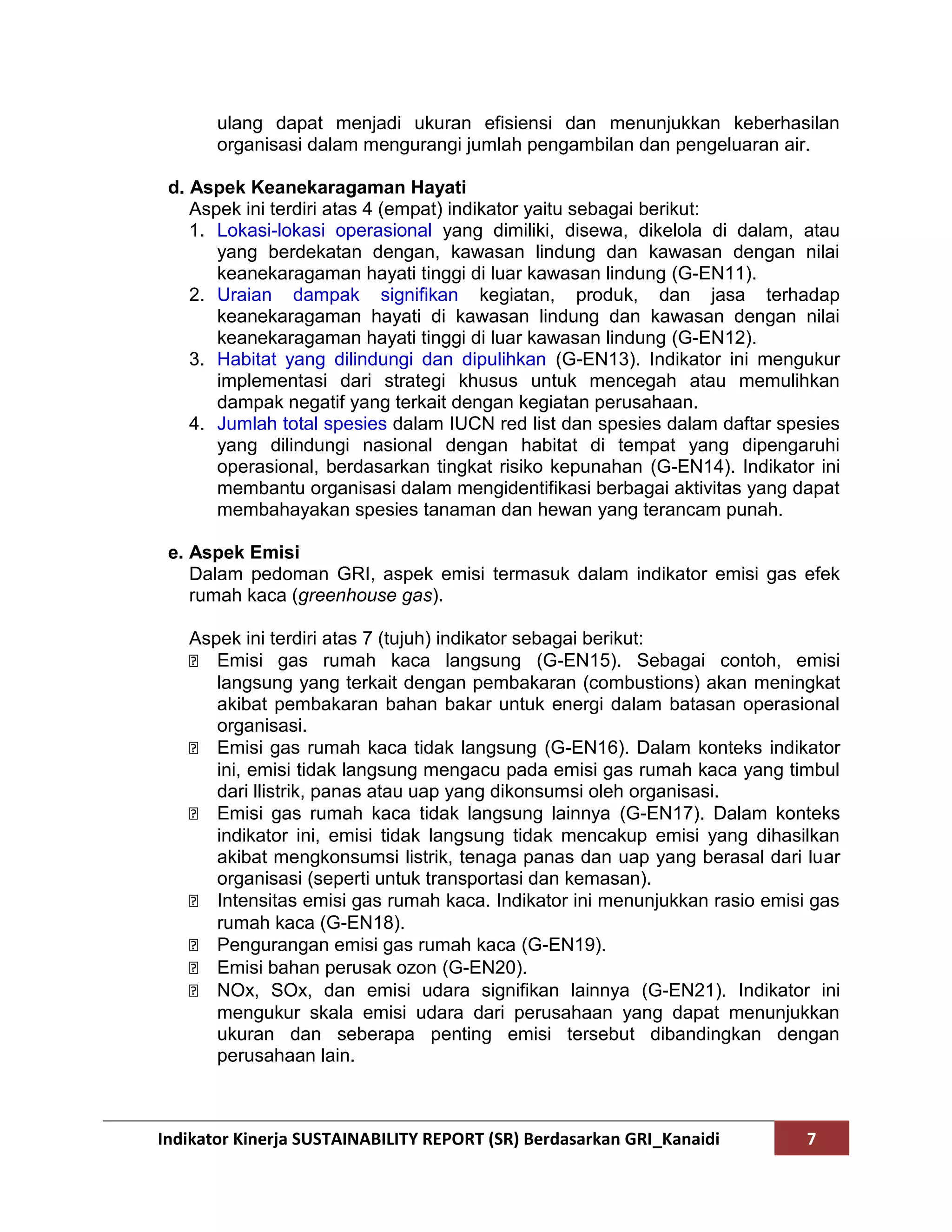 Indikator Kinerja SUSTAINABILITY REPORT (Berdasarkan Standar GRI ...