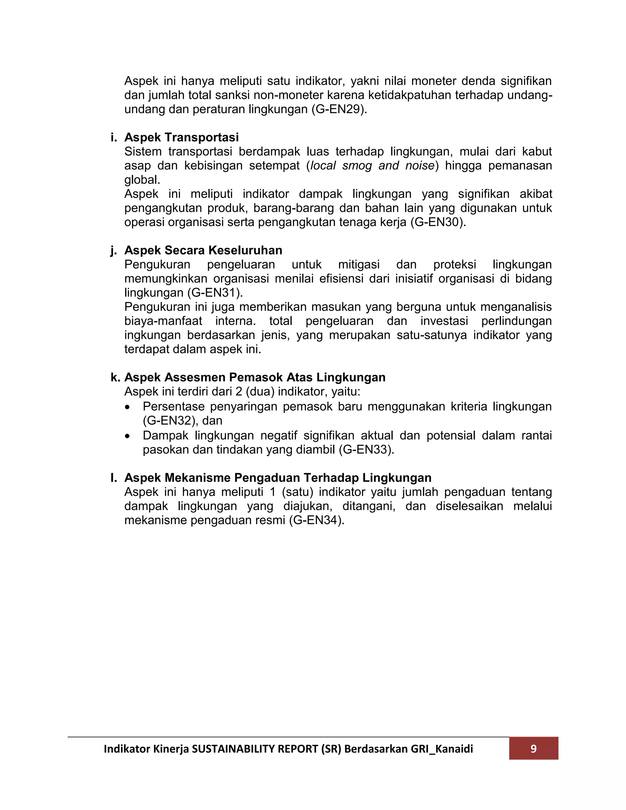 Indikator Kinerja SUSTAINABILITY REPORT (Berdasarkan Standar GRI ...