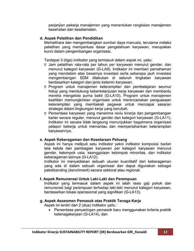 Indikator Kinerja SUSTAINABILITY REPORT (Berdasarkan Standar GRI ...