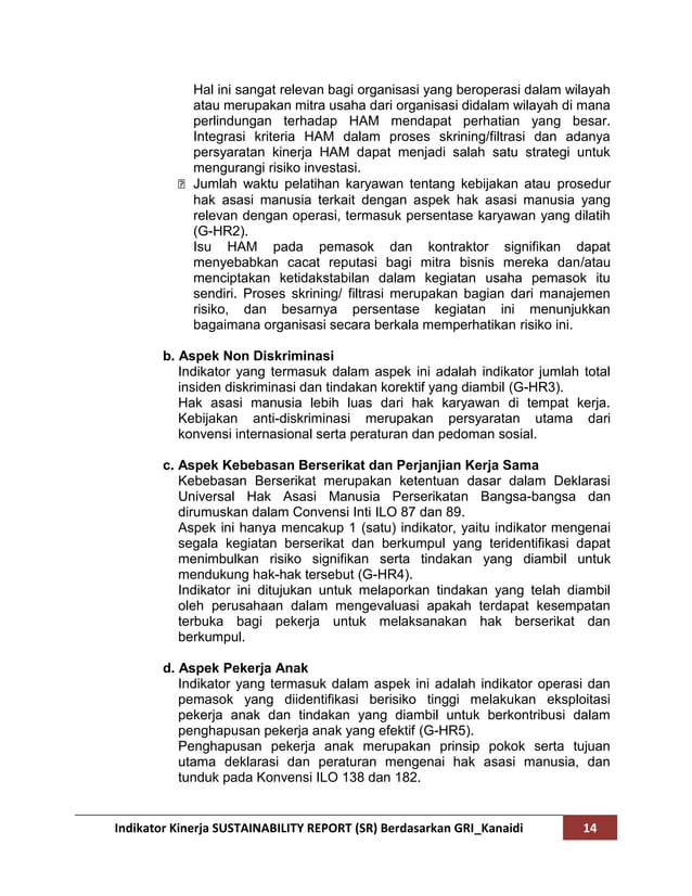 Indikator Kinerja SUSTAINABILITY REPORT (Berdasarkan Standar GRI ...