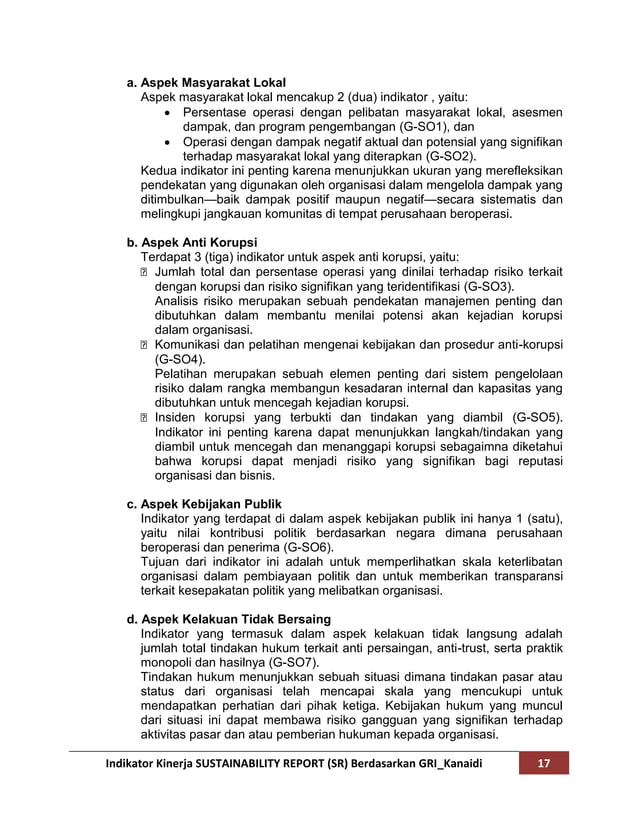 Indikator Kinerja SUSTAINABILITY REPORT (Berdasarkan Standar GRI ...