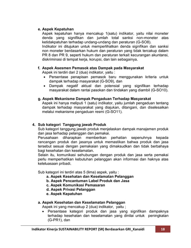 Indikator Kinerja SUSTAINABILITY REPORT (Berdasarkan Standar GRI ...