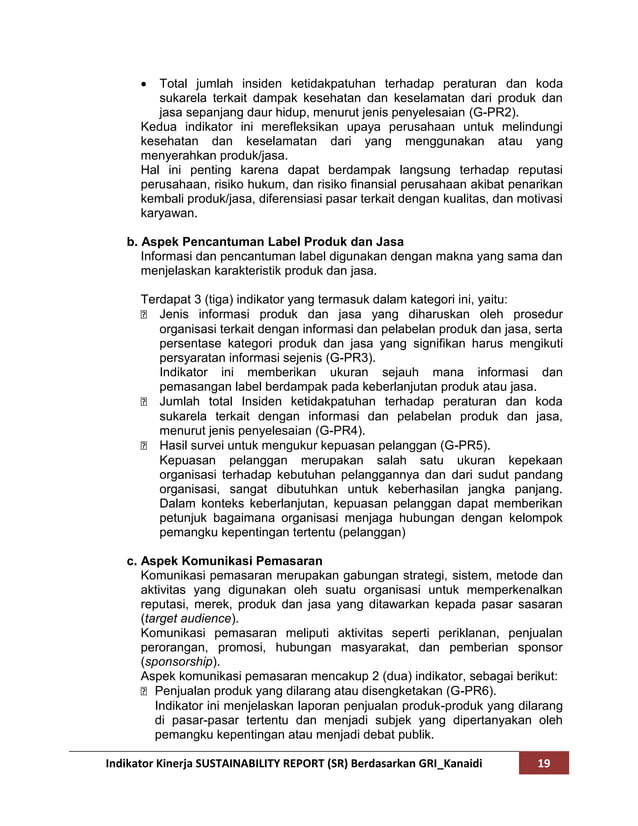 Indikator Kinerja SUSTAINABILITY REPORT (Berdasarkan Standar GRI ...