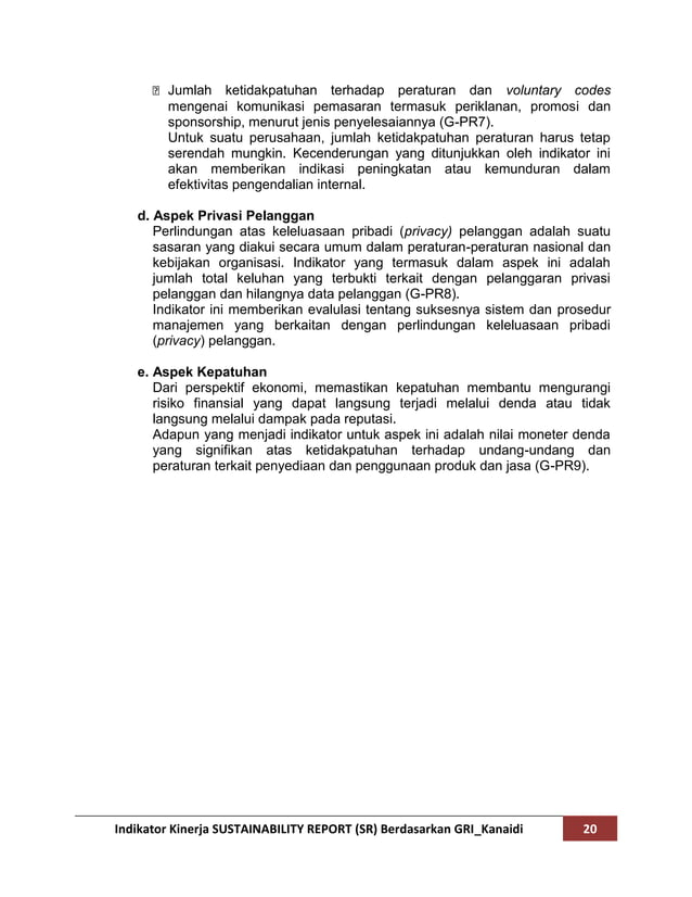 Indikator Kinerja SUSTAINABILITY REPORT (Berdasarkan Standar GRI ...