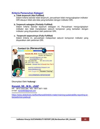 Indikator Kinerja SUSTAINABILITY REPORT (Berdasarkan Standar GRI ...