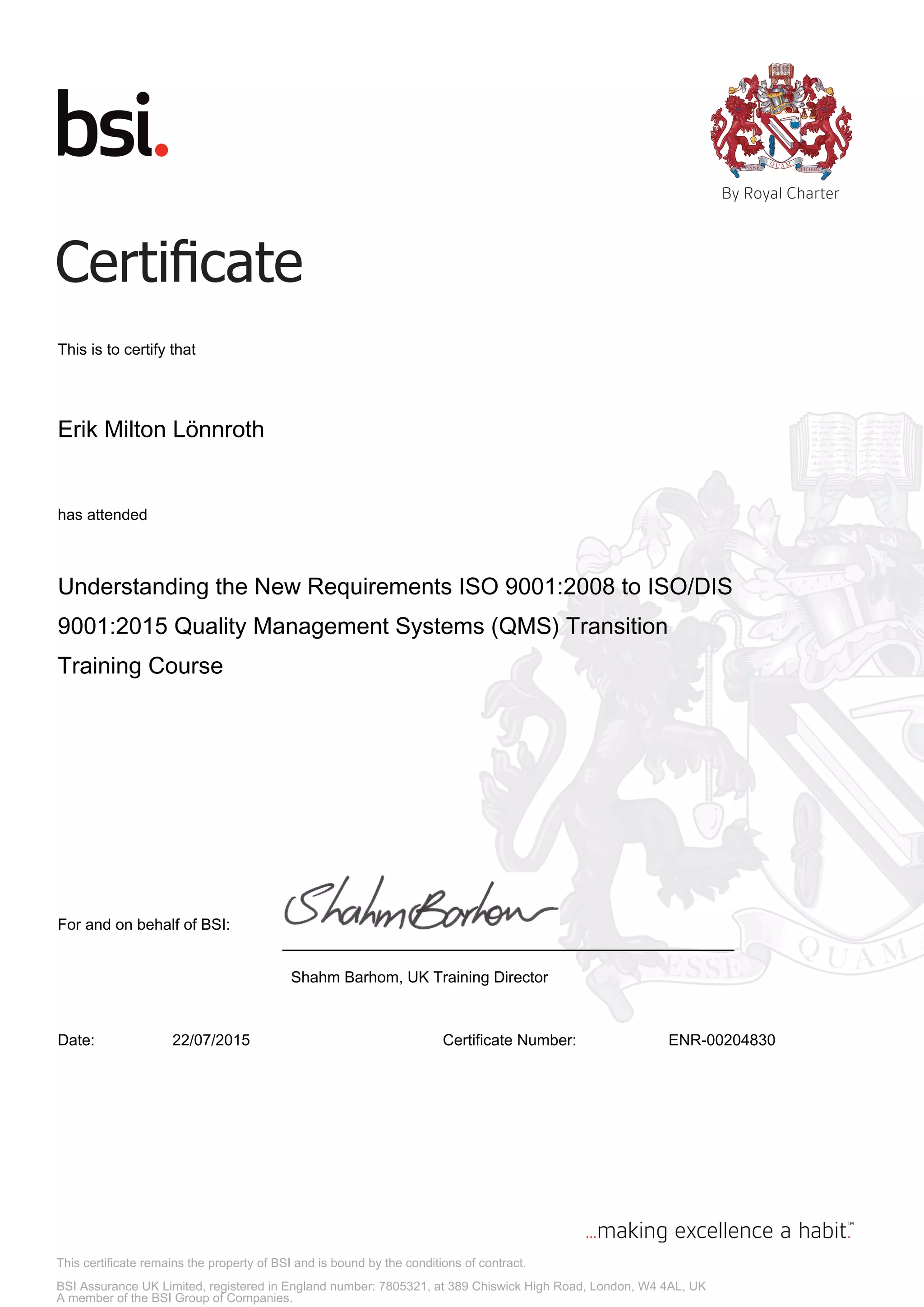 BSI Training Certificate | PDF