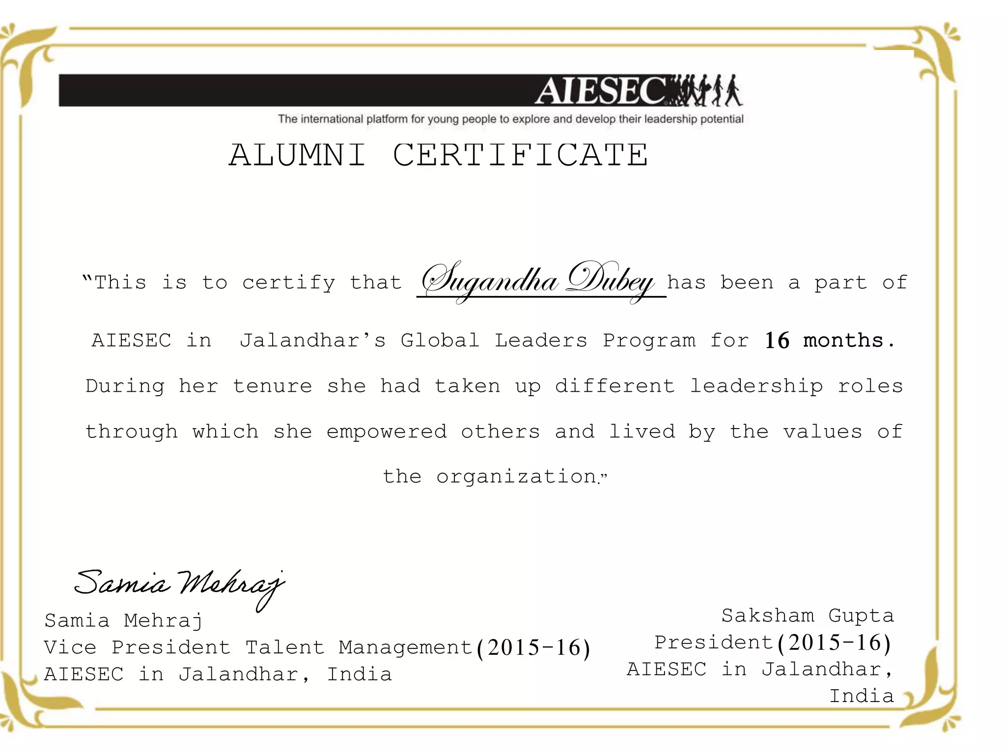 Alumni Certificate Sugandha | PDF