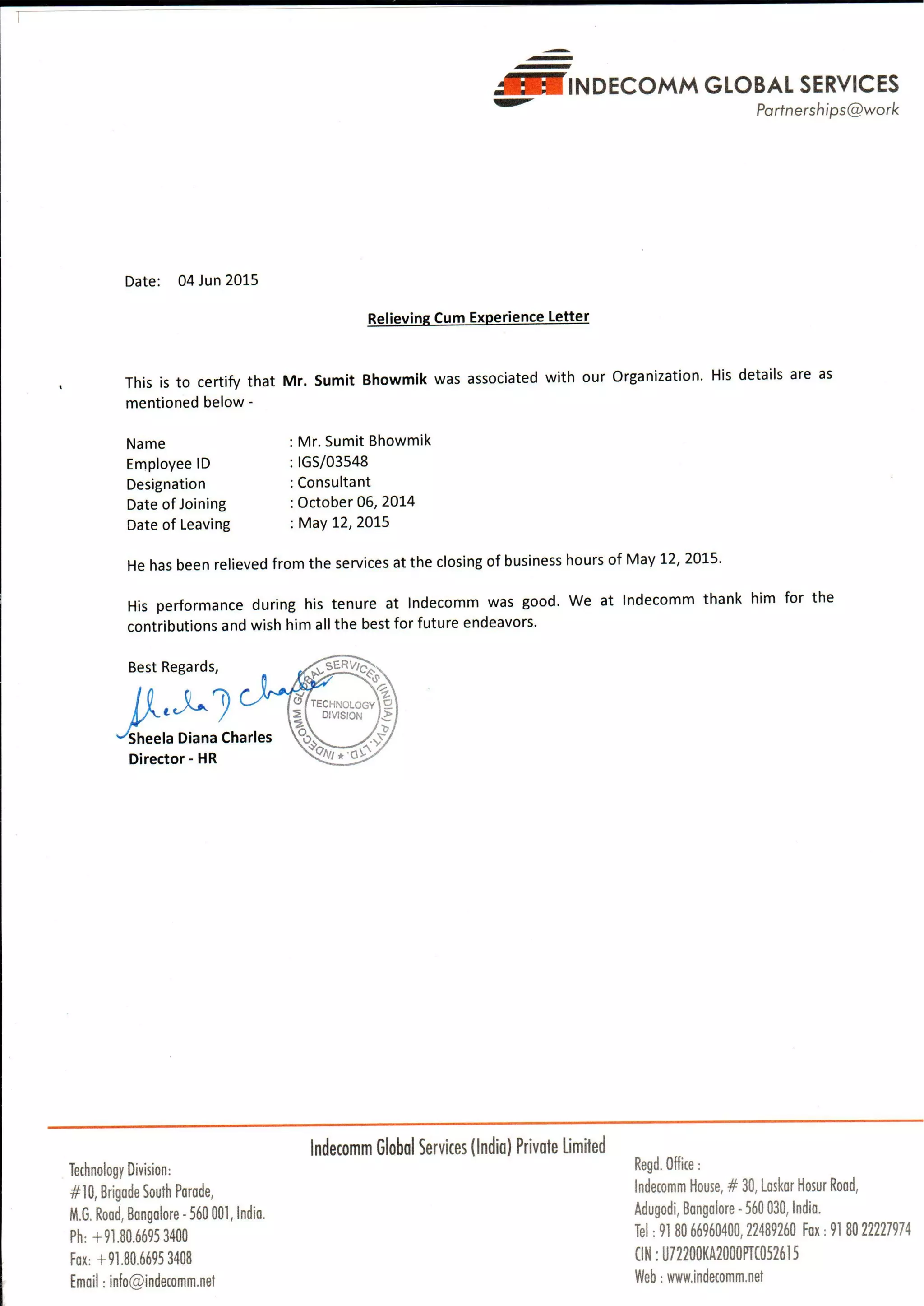 Sumit Bhowmik Relieving letter | PDF