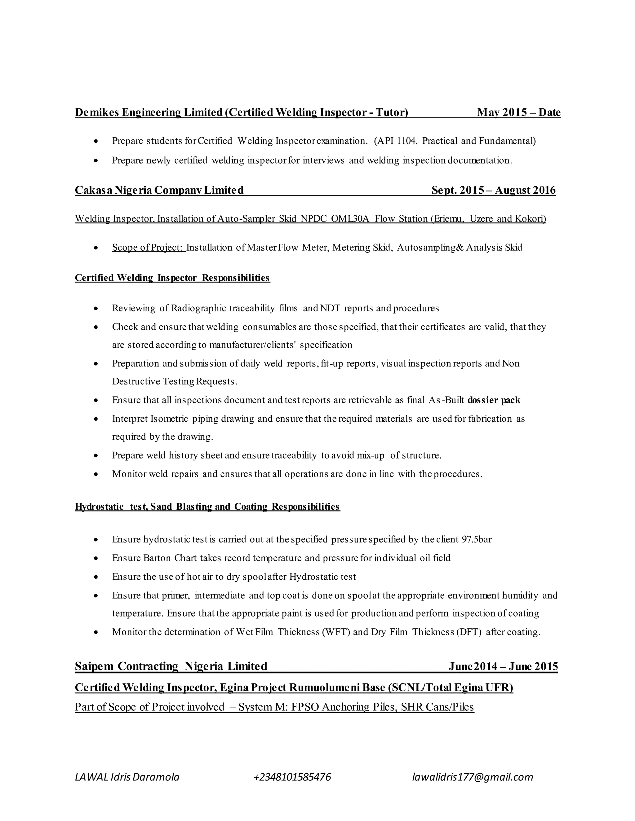 Certified Welding Inspector - LAWAL IDRIS DARAMOLA CV | DOCX