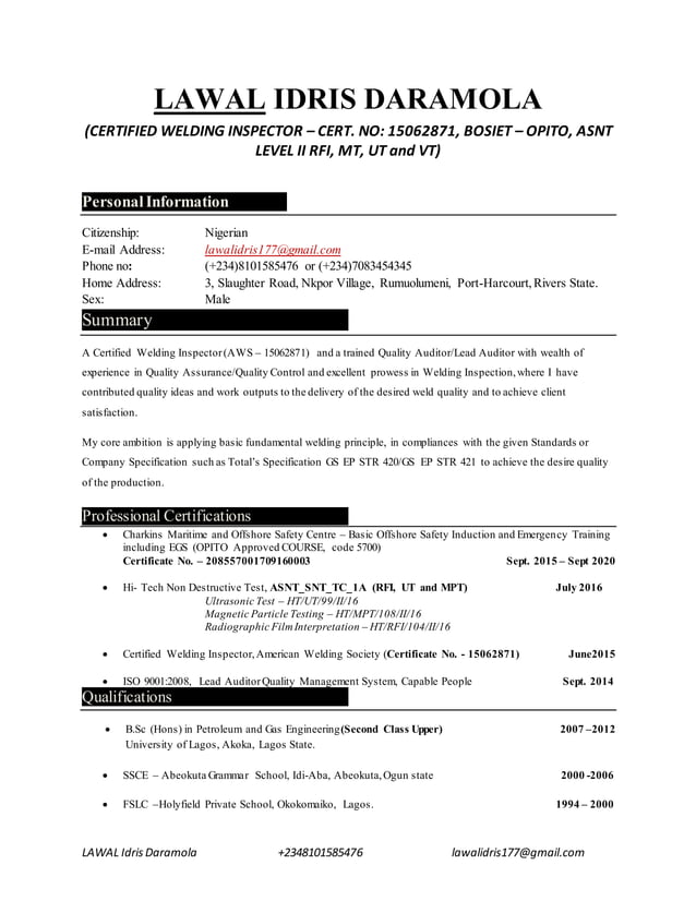 Certified Welding Inspector - LAWAL IDRIS DARAMOLA CV | DOCX