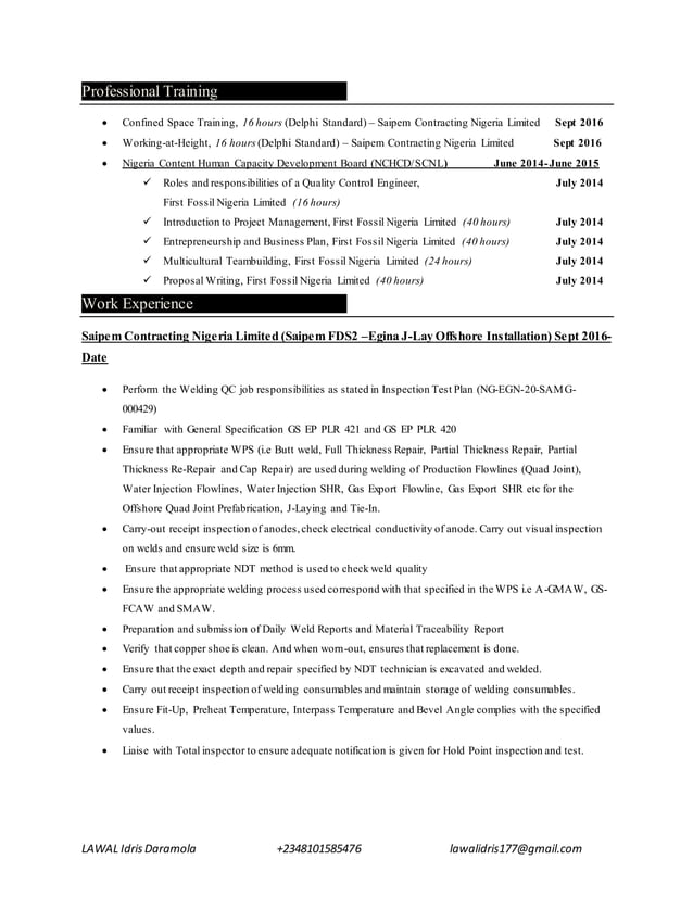 Certified Welding Inspector - LAWAL IDRIS DARAMOLA CV | DOCX