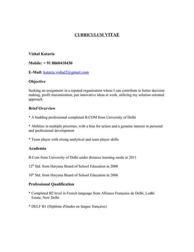 Vishal Kataria_CV | DOC | Business Administration | Business