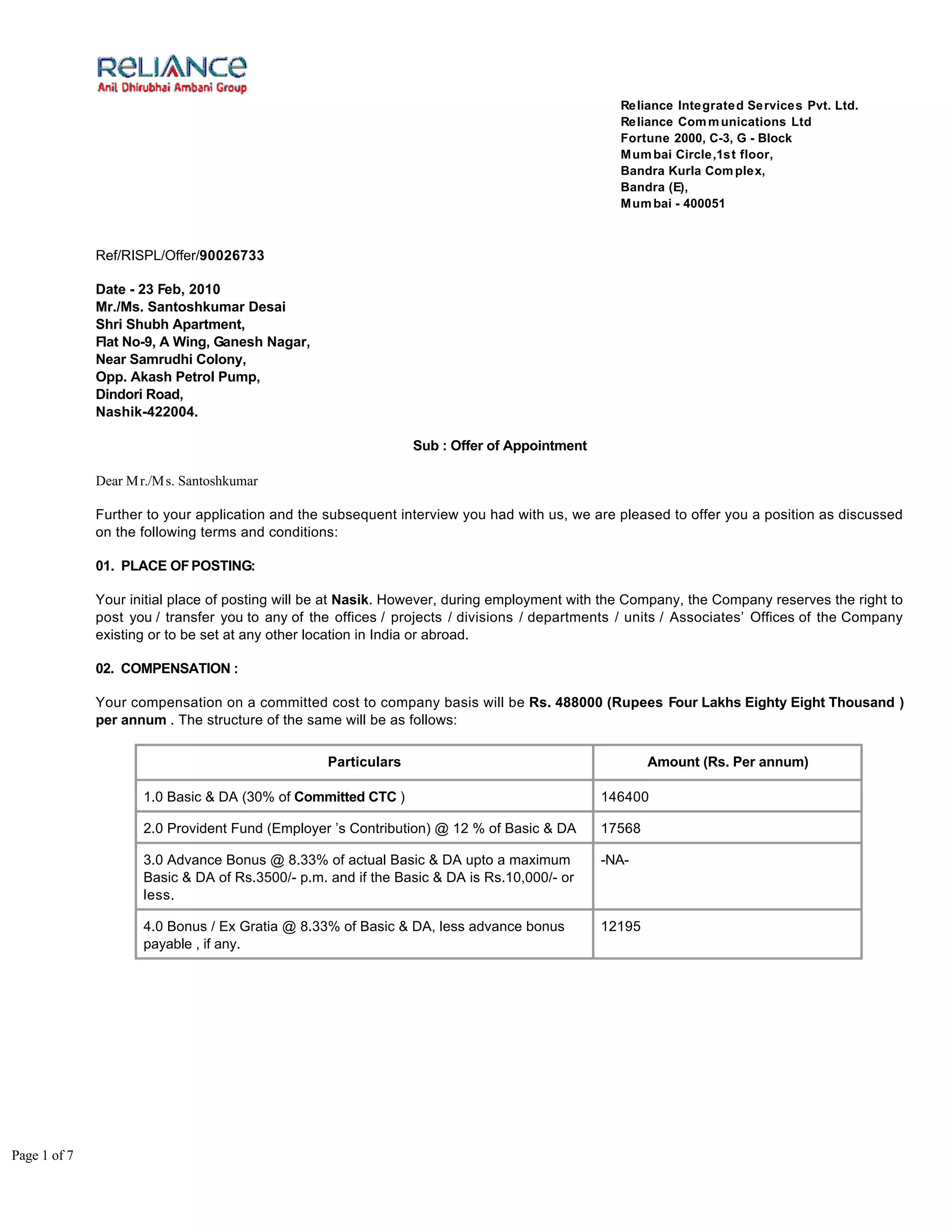 Offer Letter.pdf RISPL | PDF