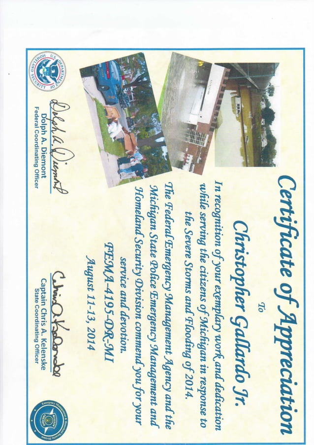 Certificate of Appreciation for Disaster Flood Relief FEMA,Detriot, MI ...