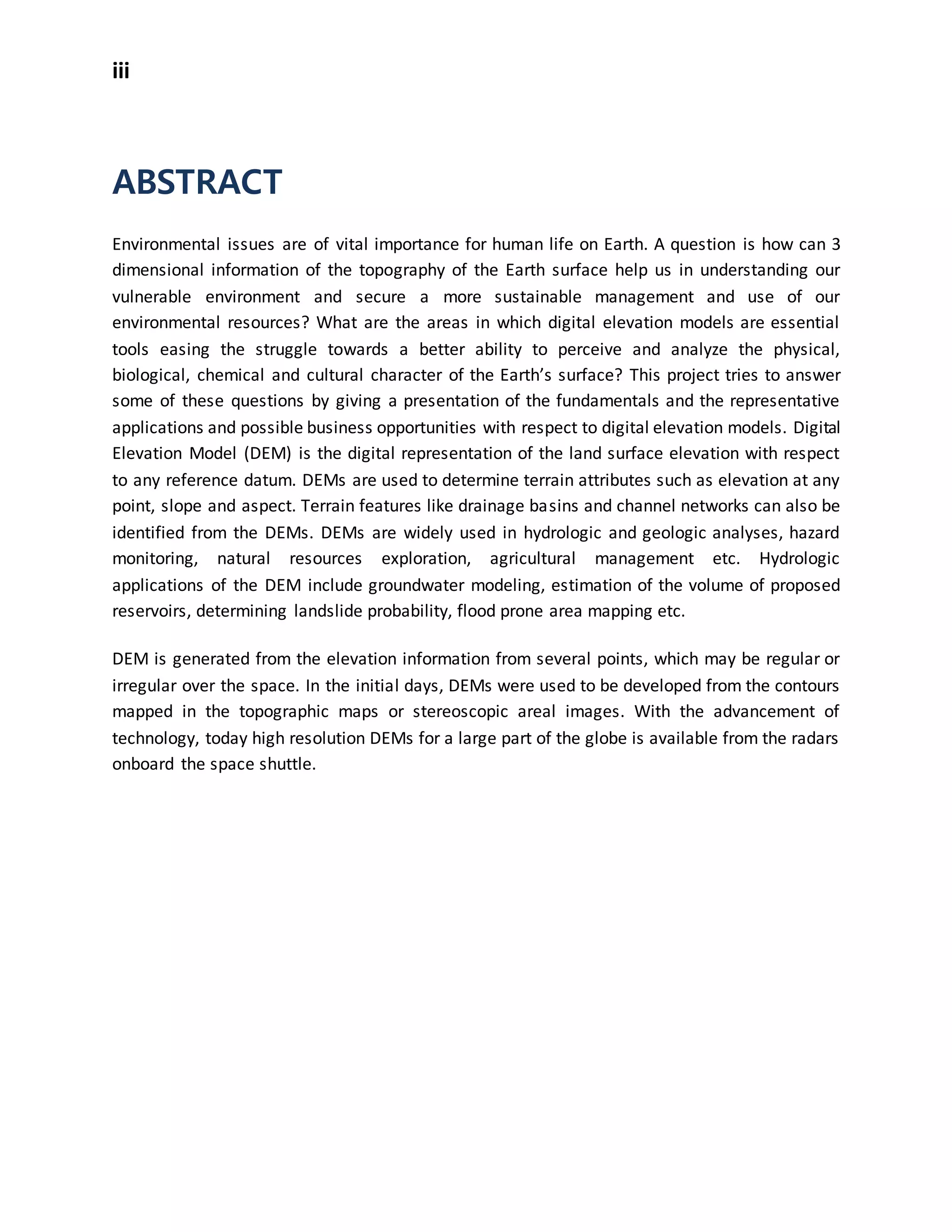 Digital Elevation Model, Its derivatives and applications | DOCX