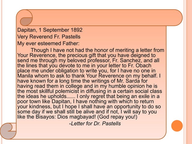 Rizal's Exile in Dapitan and Correspondence with Fr. Pablo Pastells. | PPTX