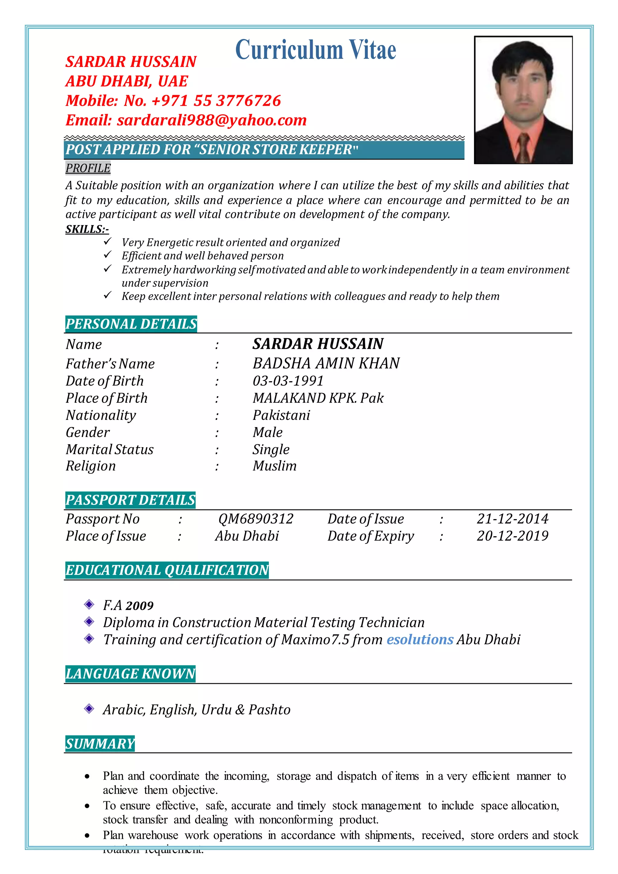 Sardar Hussain - Senior Store Keeper | DOCX