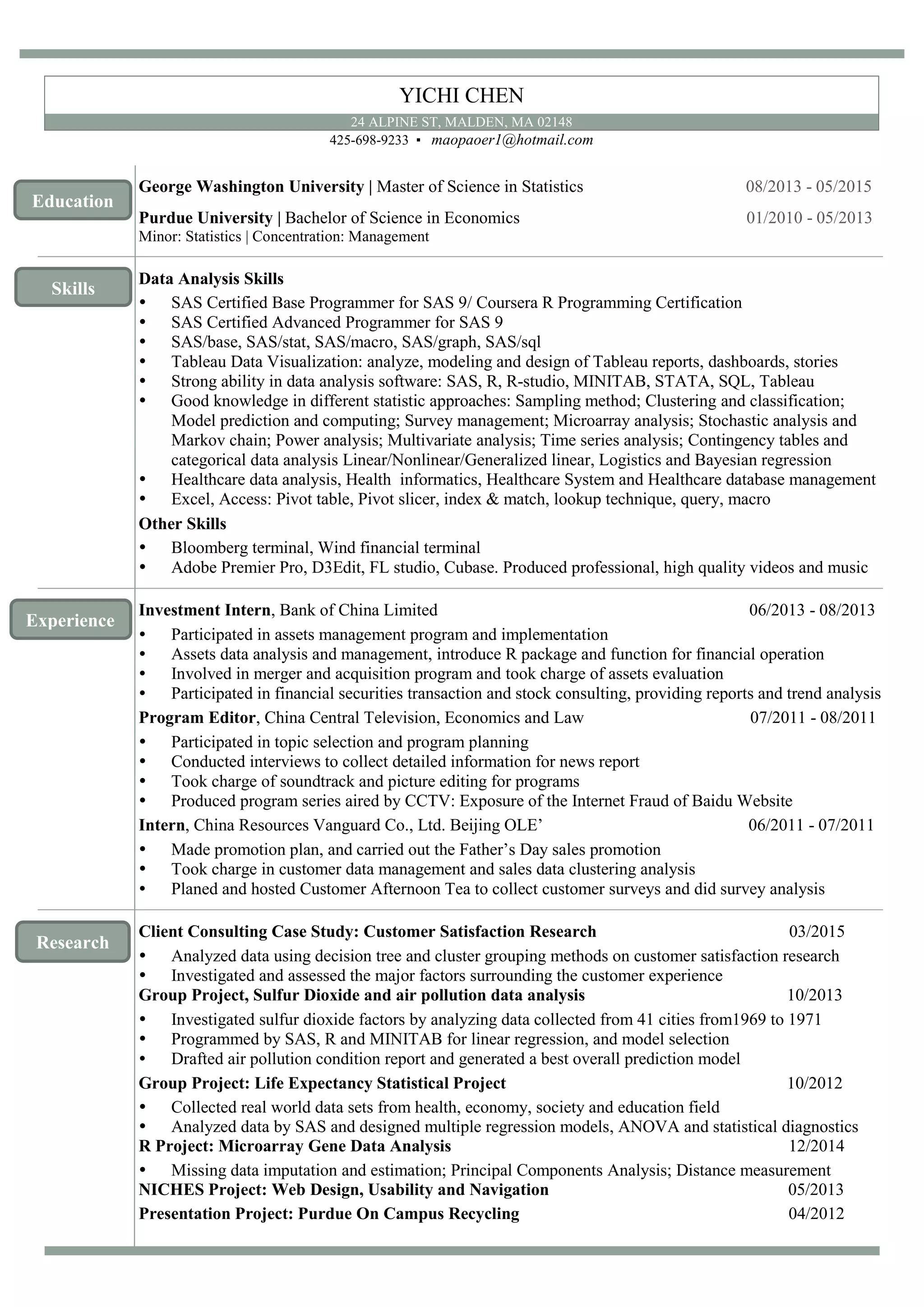 Yichi Chen Resume | PDF