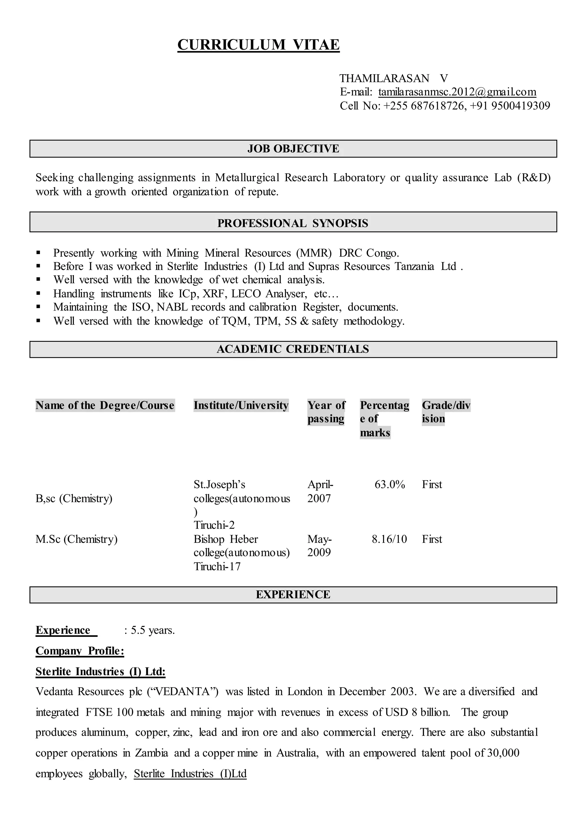 THAMIL-RESUME | DOCX | Chemistry | Science