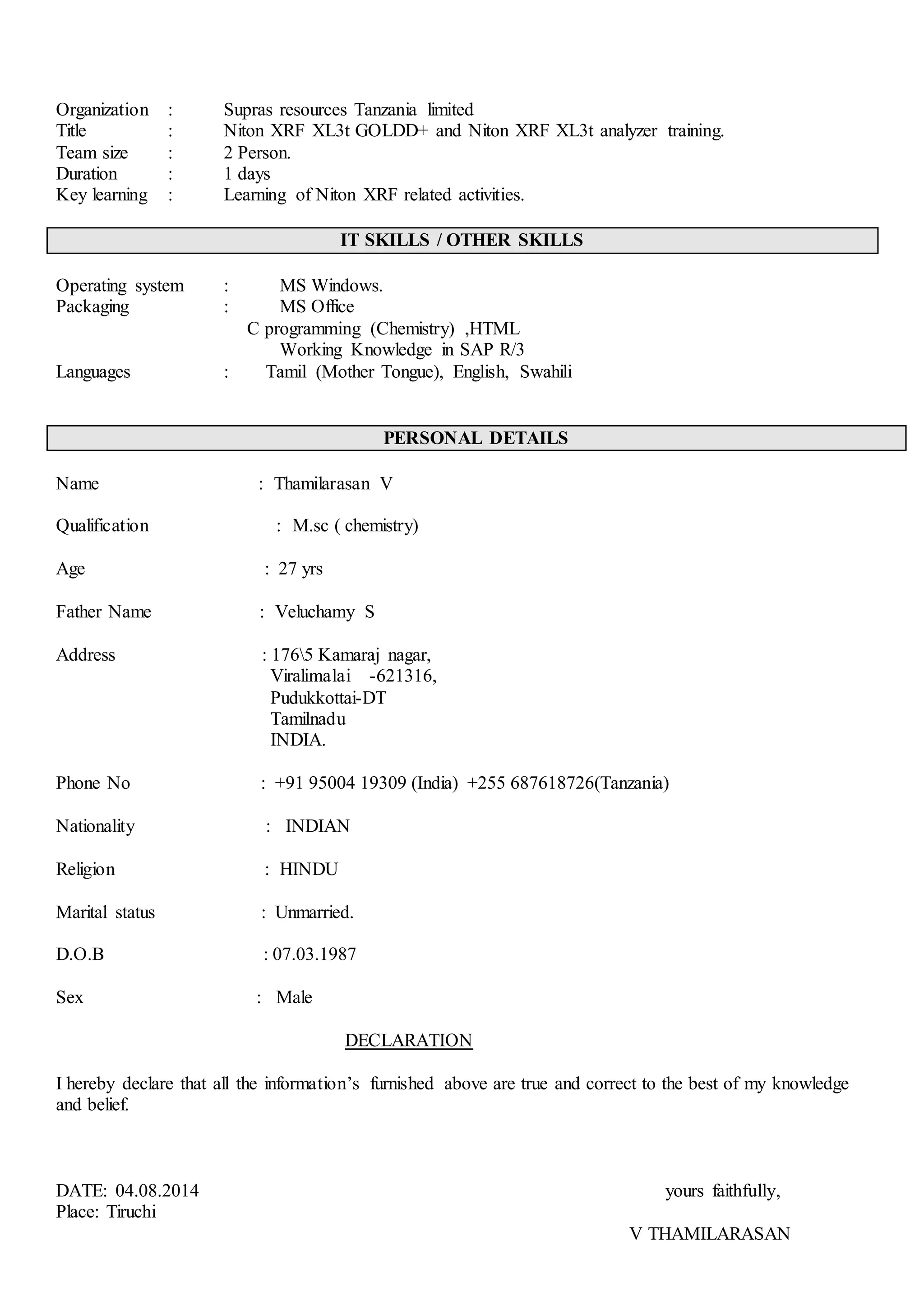 THAMIL-RESUME | DOCX | Chemistry | Science
