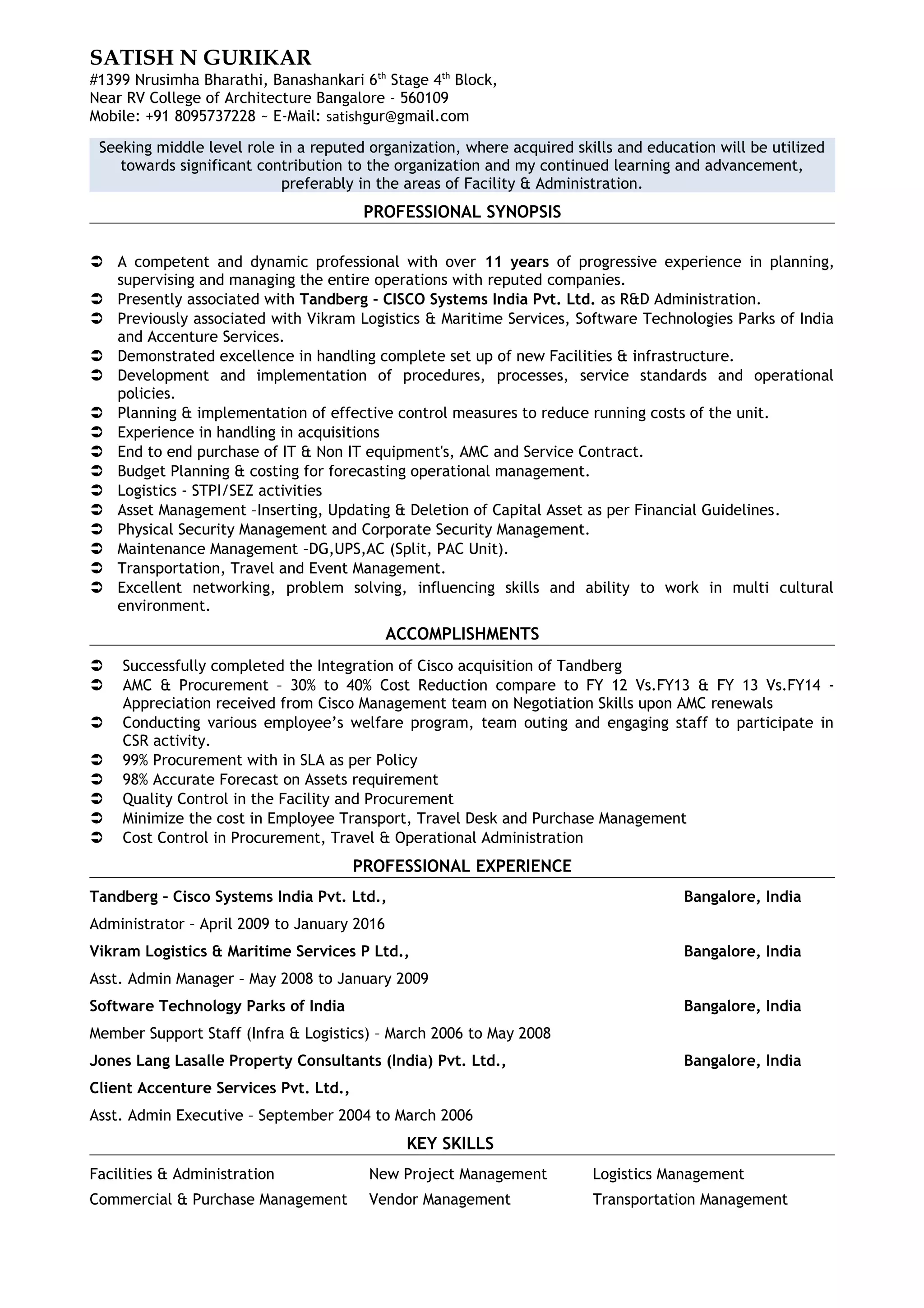 Satish N Gurikar CV | DOC