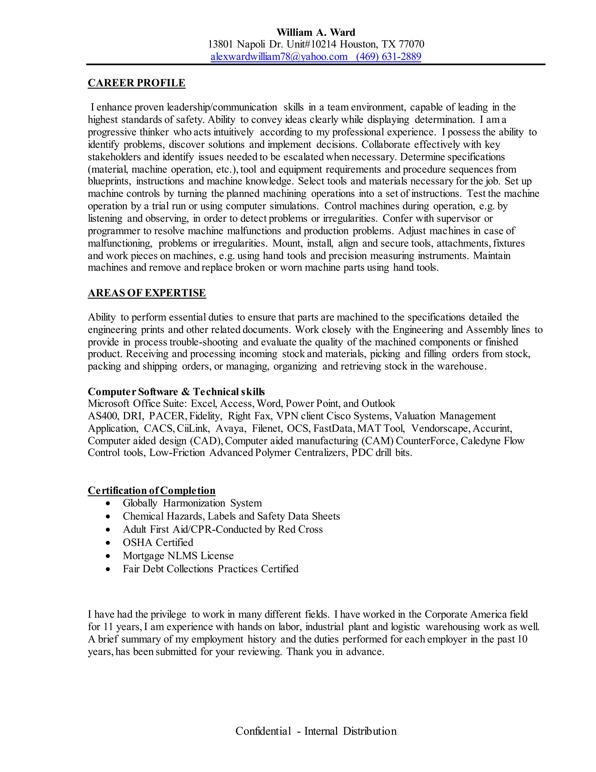 William A Ward Research-Summary of Employment History | DOCX