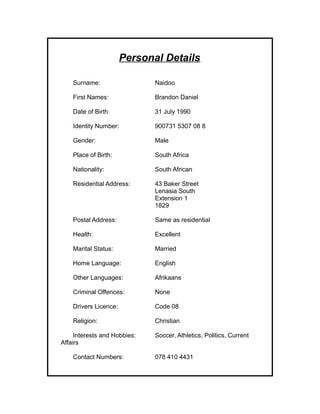 Curriculum Vitae of Brandon Daniel Naidoo | DOC