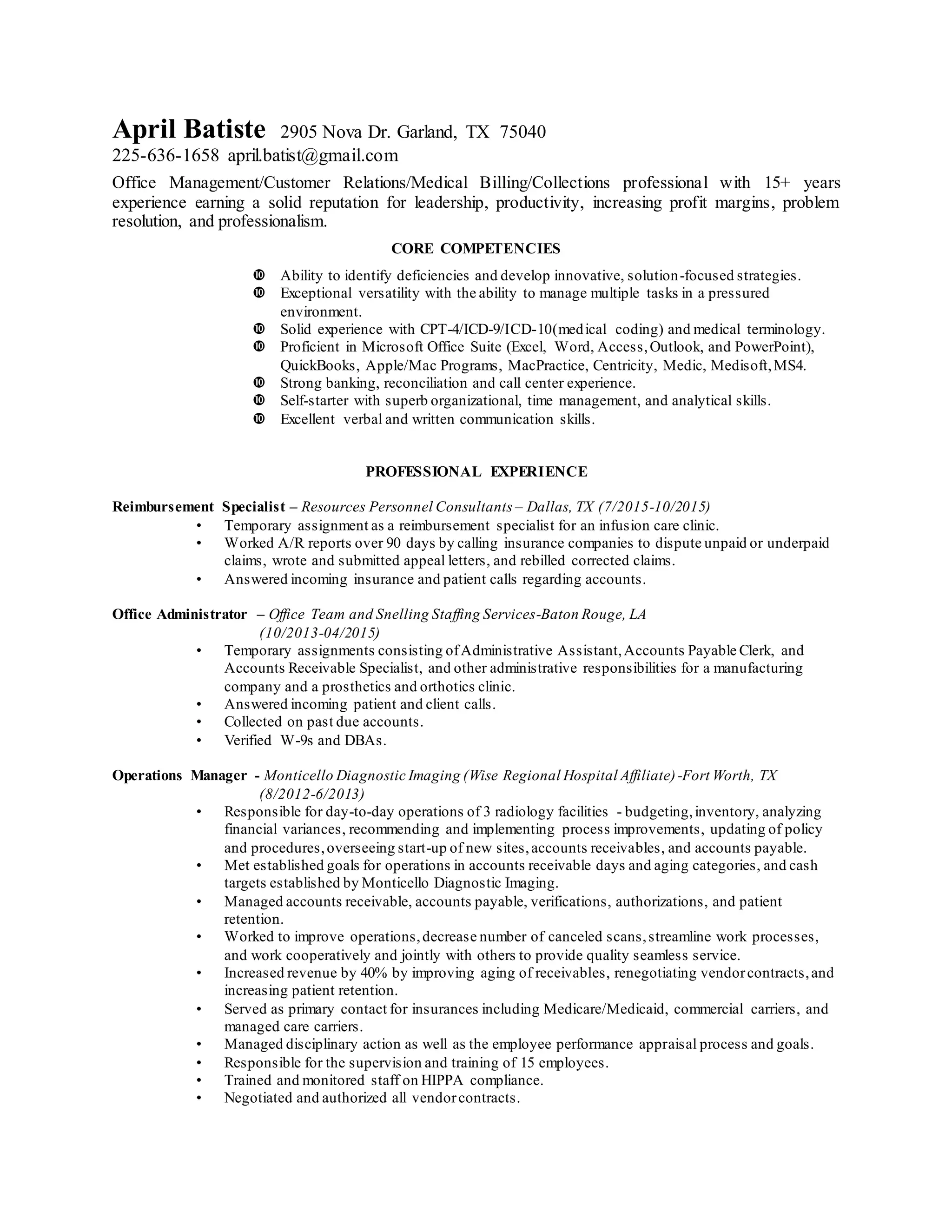 April Resume 3 | DOCX | Health Insurance | Insurance