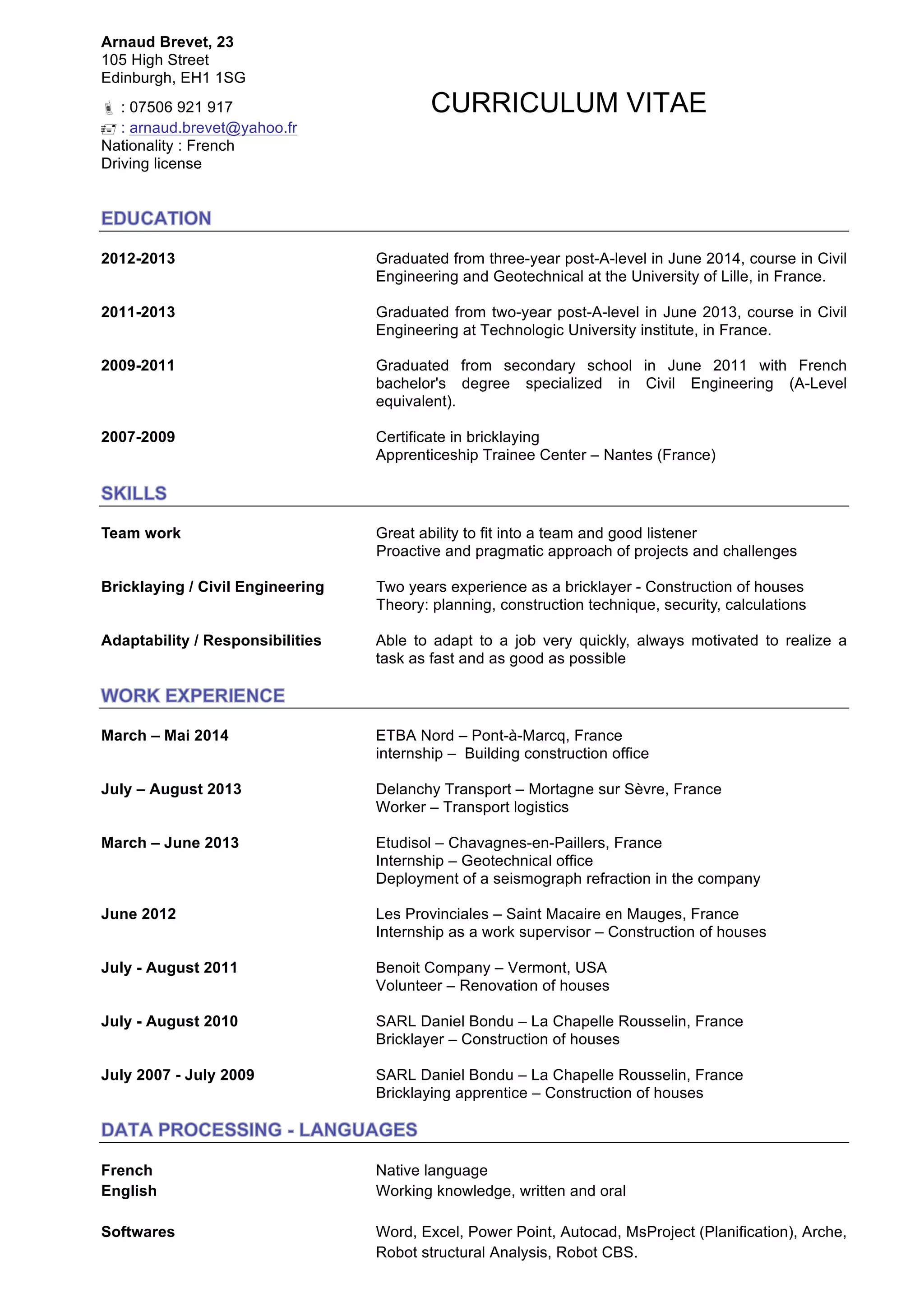 CV 2015 anglais Arnaud | PDF