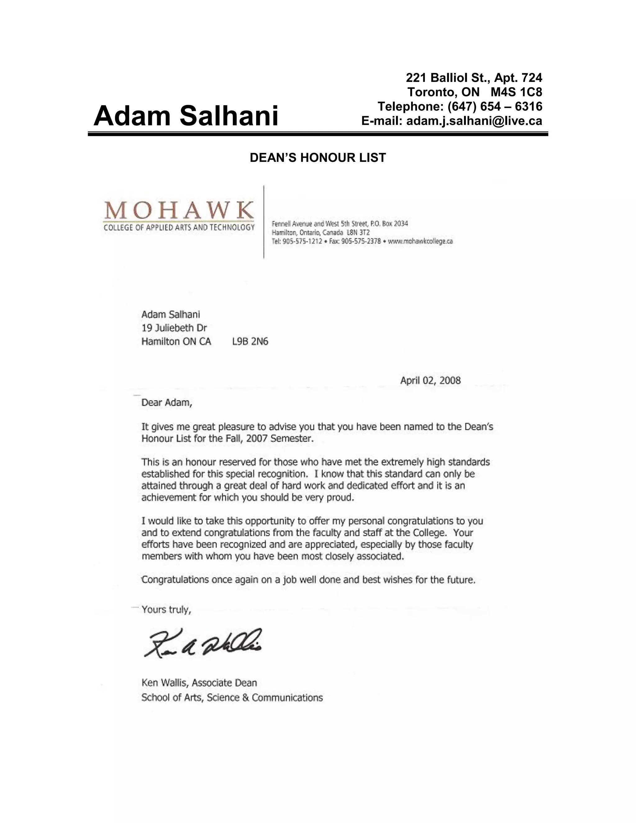 Dean List 2008 - Mohawk College | PDF