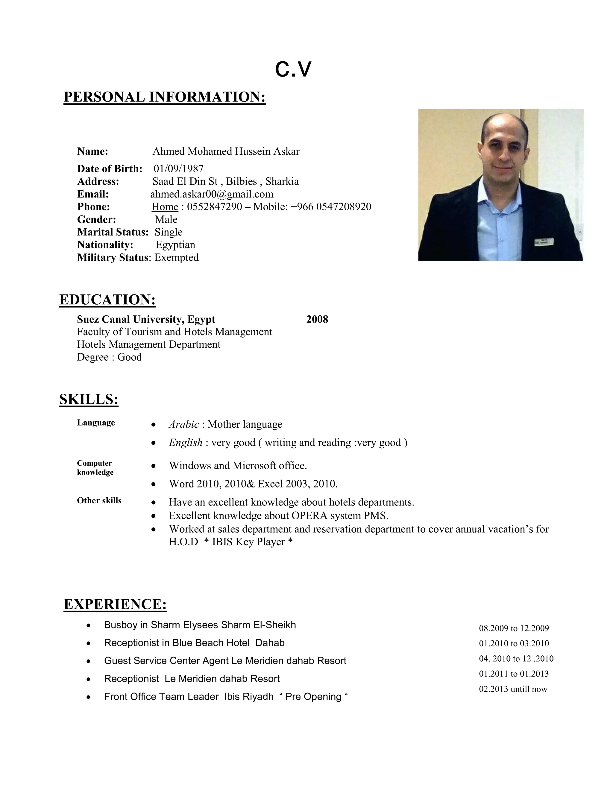 Ahmed Askar CV | PDF | Hospitality Industry | Industries