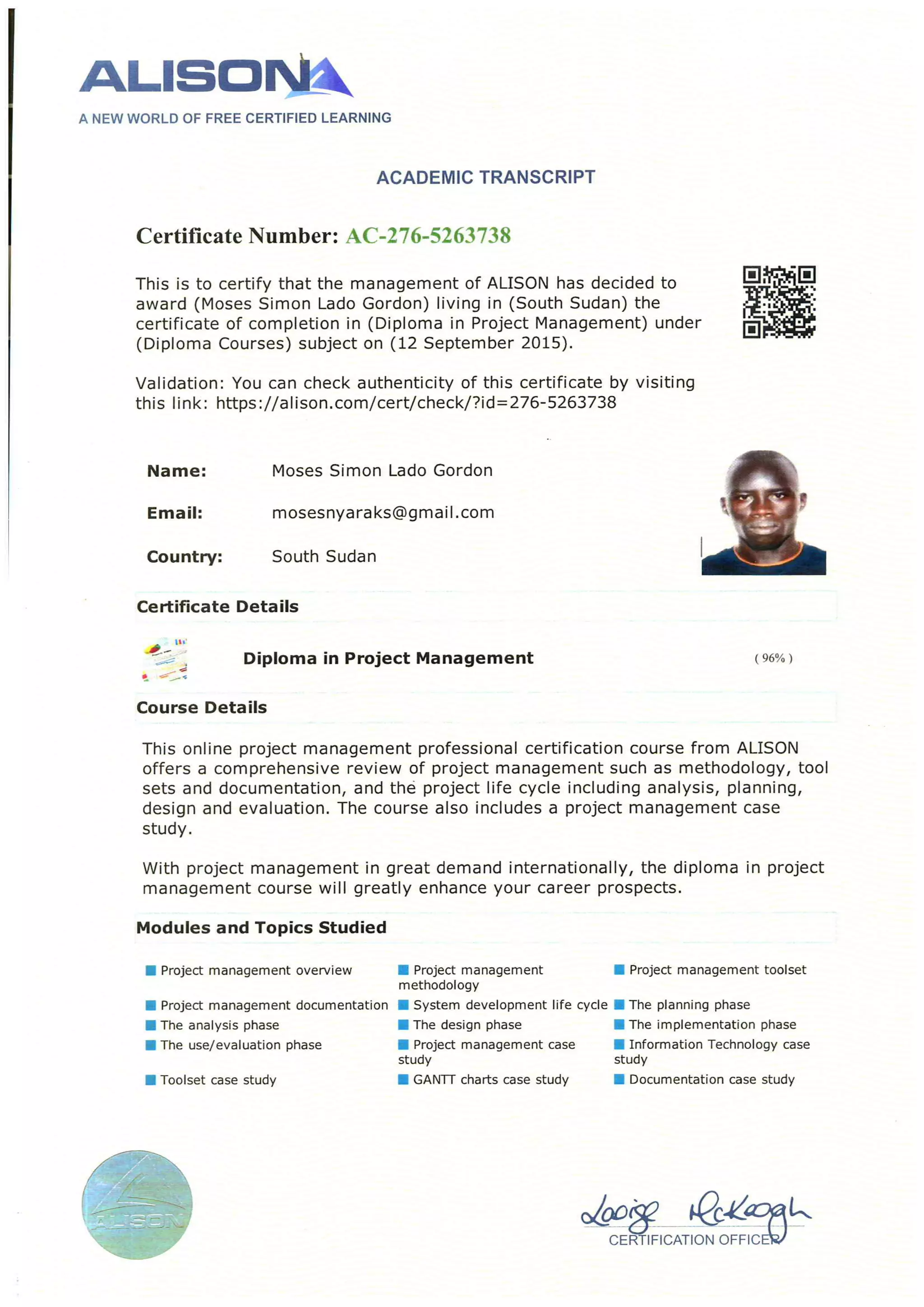 ACADEMIC TRANSCRIPT DIPLOMA IN PROJECT MANAGEMENT 1 | PDF