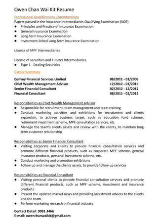 Owen Chan Wai Kit Resume | PDF
