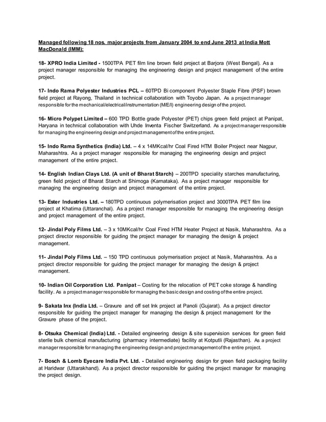 Projects handled at India Mott MacDonald | DOCX