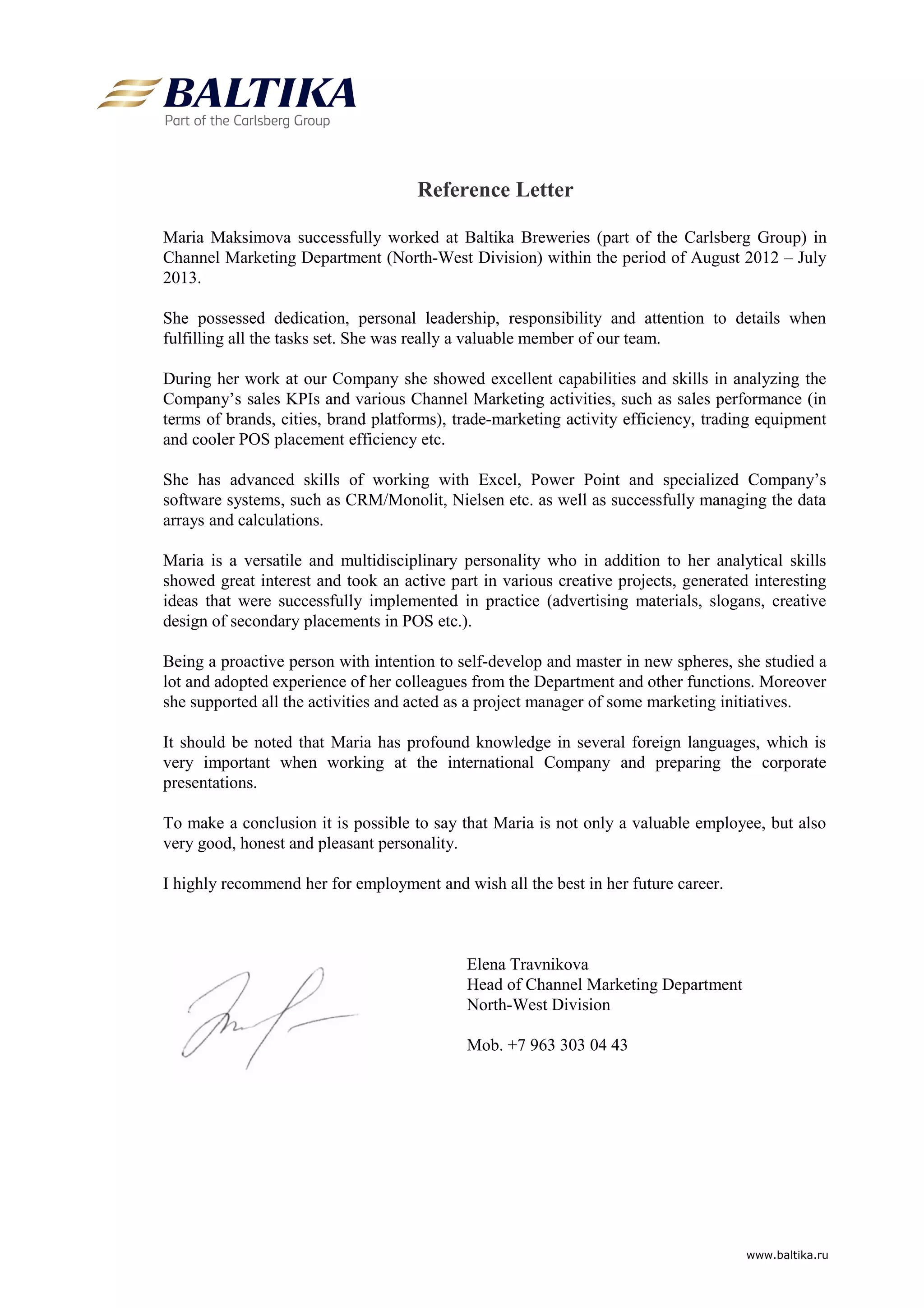 Recommendation Letter Carlsberg | DOC
