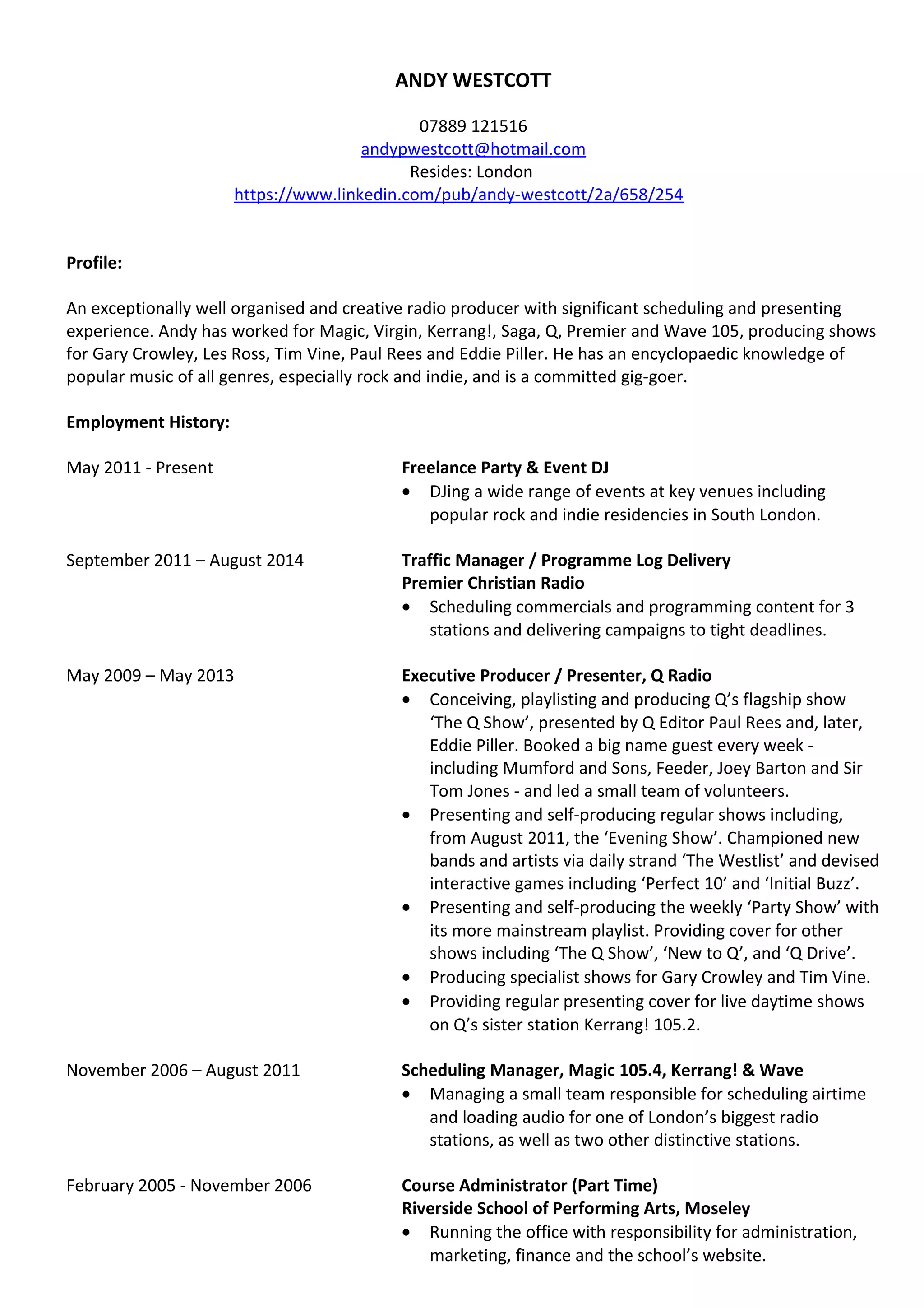 Andy Westcott's CV December '14 | DOC