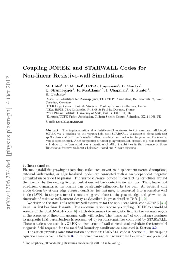 Coupling JOREK and STARWALL for Non-linear Resistive-wall Simulations | PDF