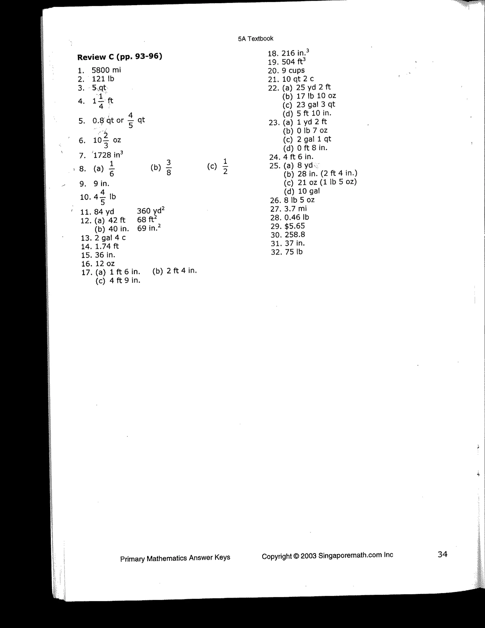 Singapore Math - 5A - Answer Keys | PDF