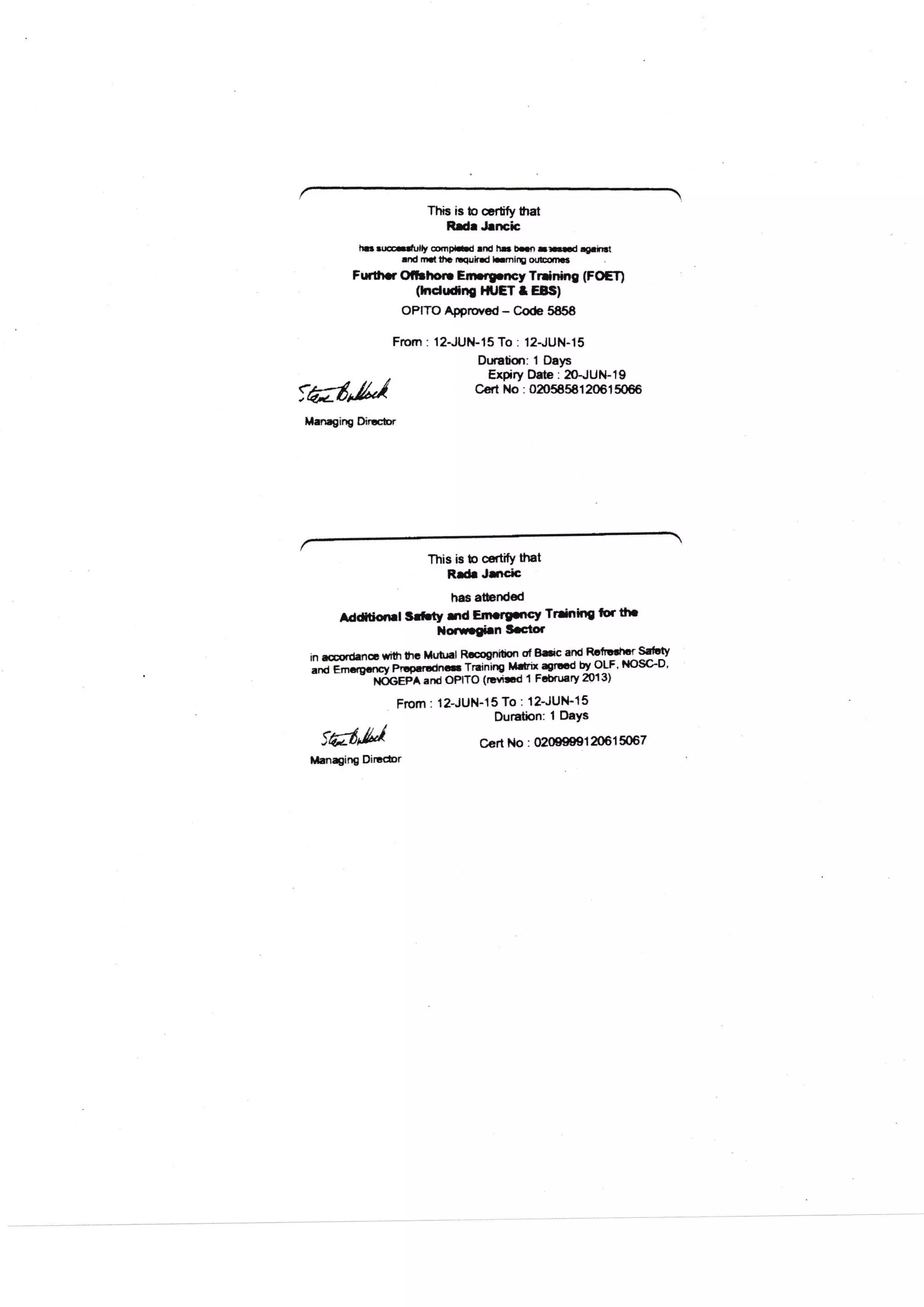 Offshore Survival Certificate - Rada Jancic | PDF