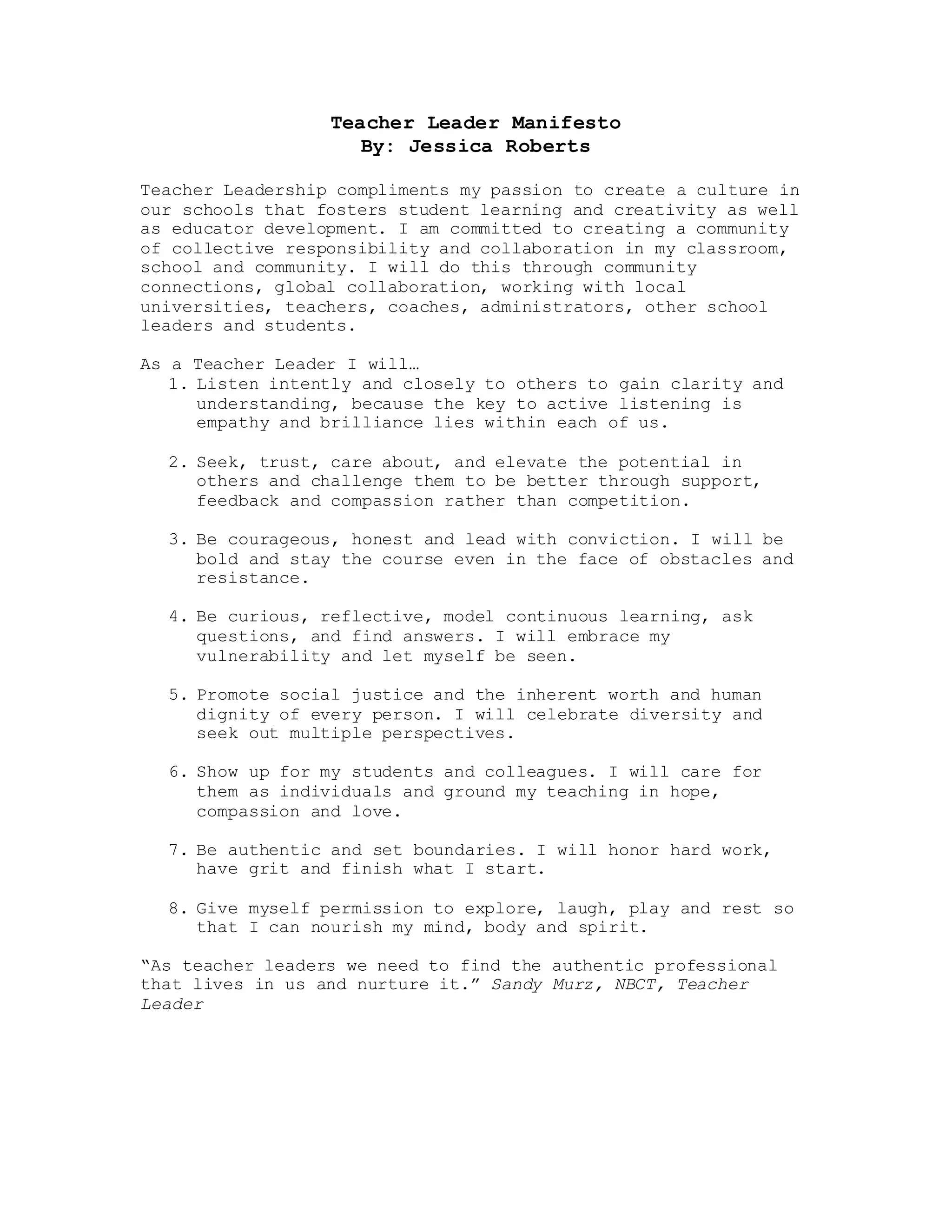 Teacher Leader Manifesto | DOCX