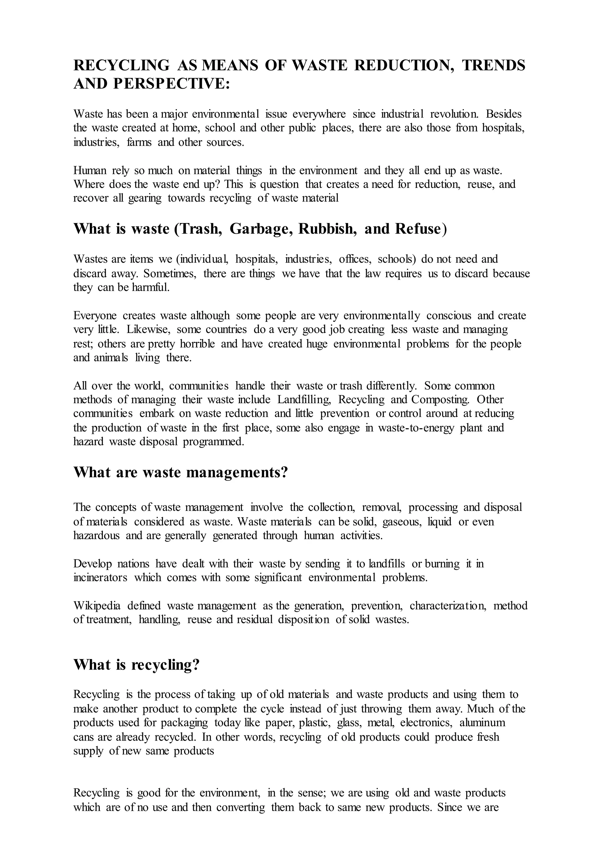 RECYCLING AS WASTE REDUCTION,TREND AND PROSPECTS | PDF