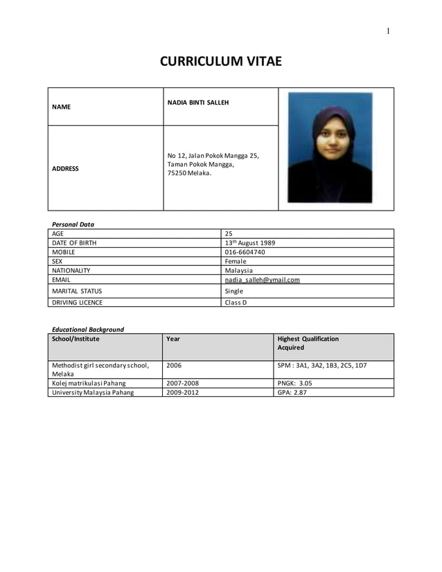CURRICULUM VITAE NADIA SALLEH | PDF