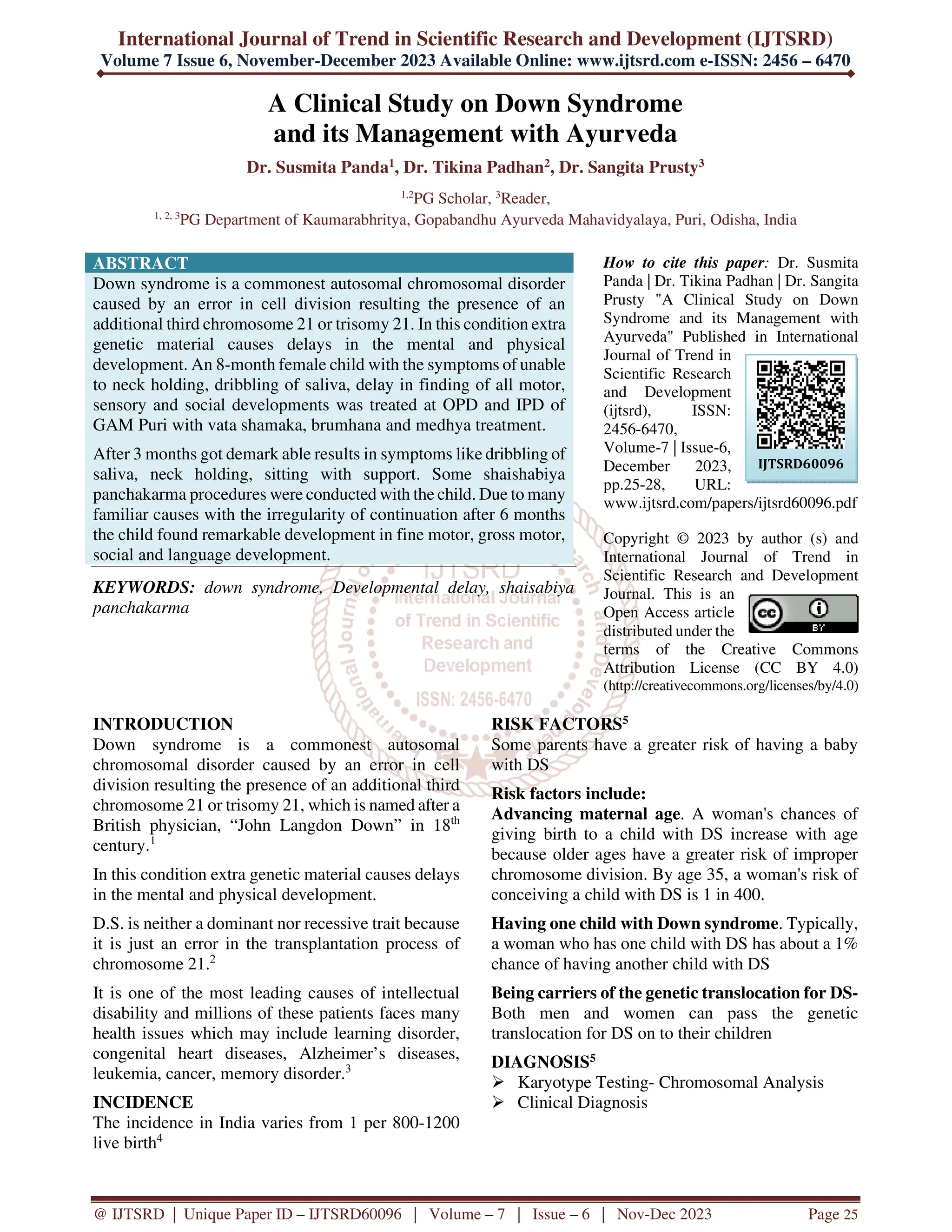 A Clinical Study on Down Syndrome and its Management with Ayurveda | PDF