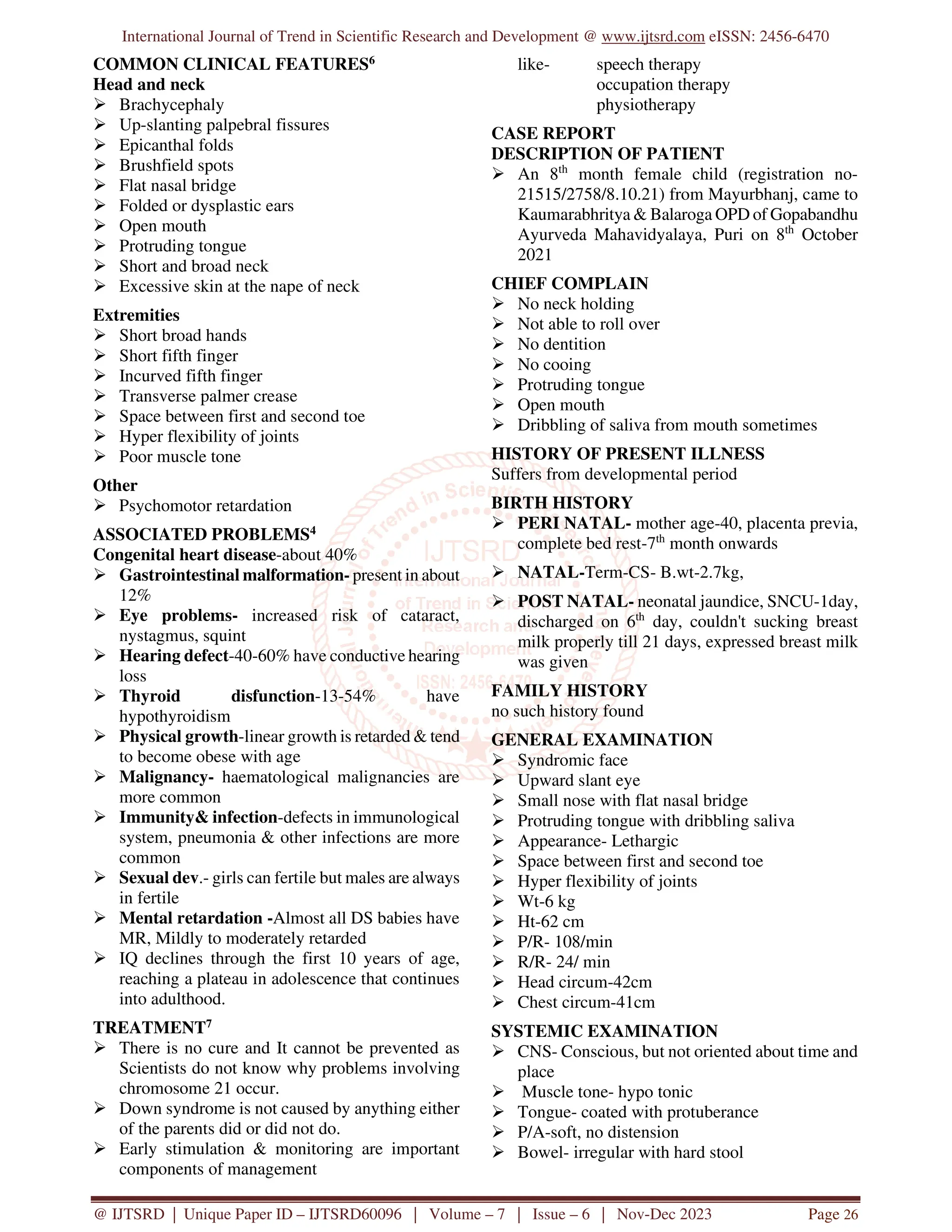 A Clinical Study on Down Syndrome and its Management with Ayurveda | PDF